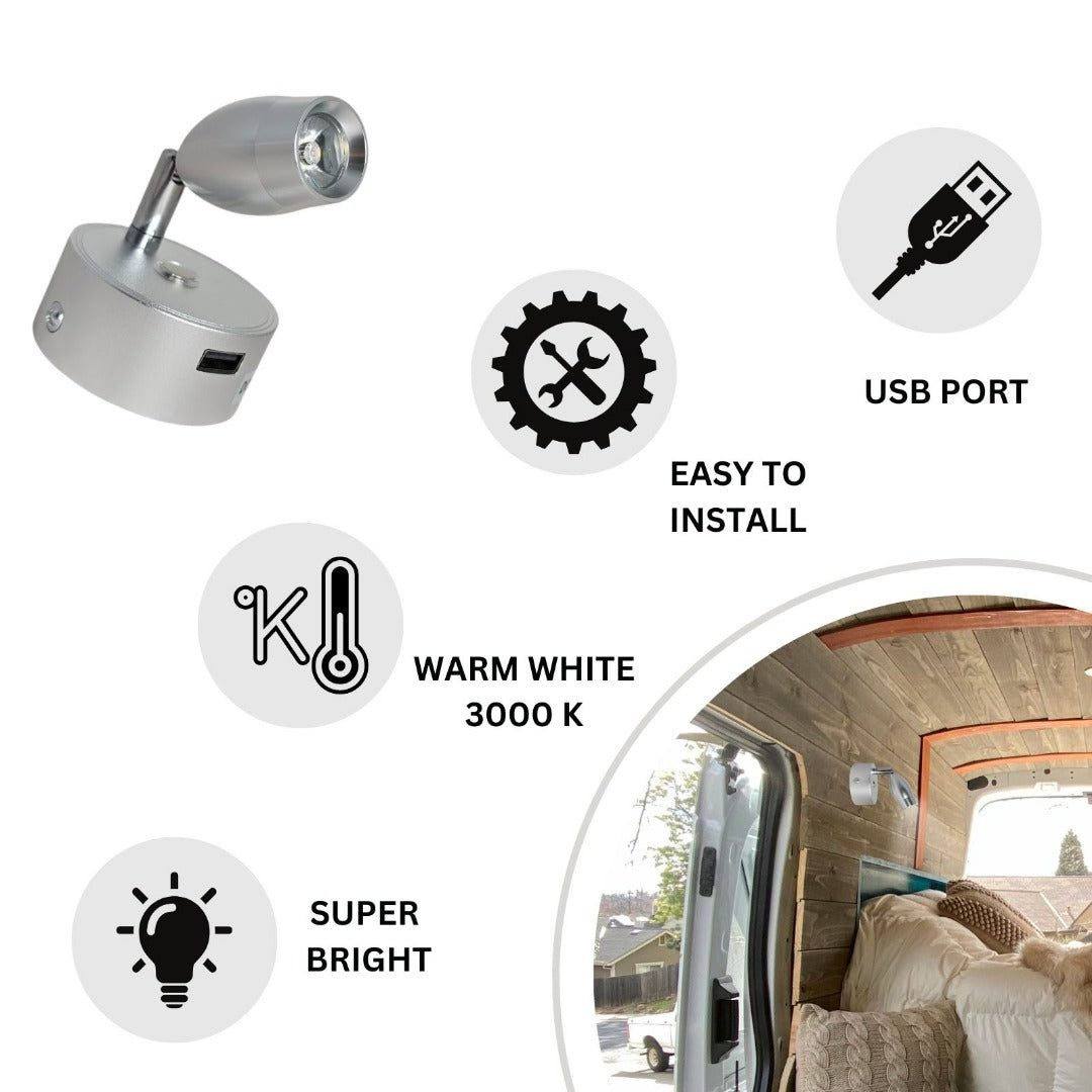 12V LED Reading Light Touch Dimmable Spotlight USB Port Caravan Lamp 3 ...