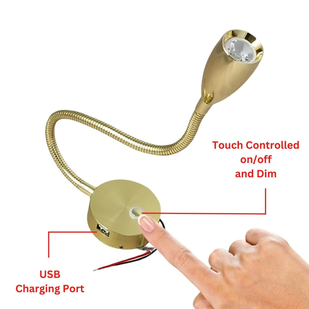 LED Flexible Reading Light Gold 12V 24V Touch Switch Dimmable USB Goos ...
